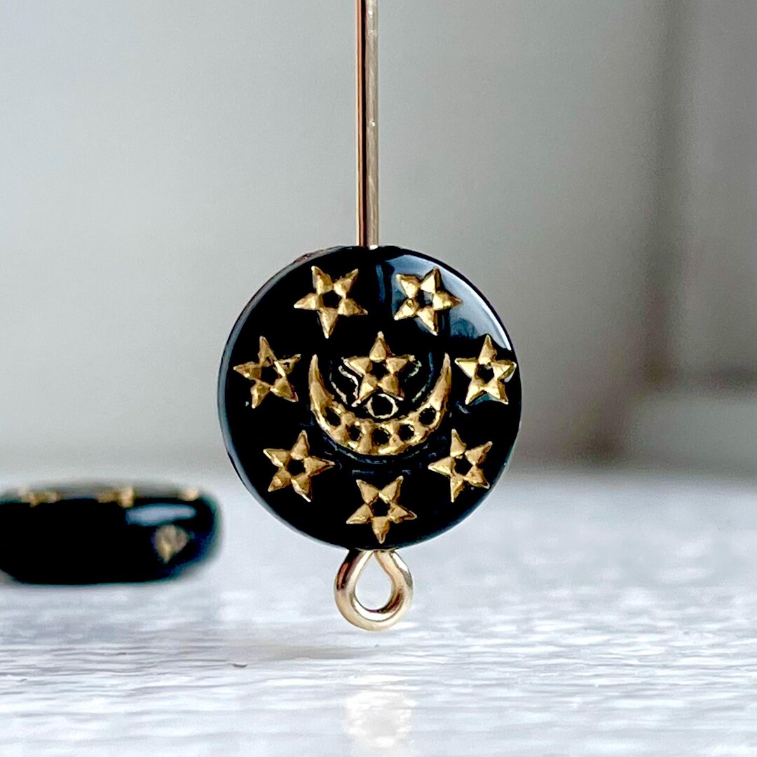 Carved Etched Black Gold Moon Stars Coin Acrylic Pillow Beads 13mm (14 ...