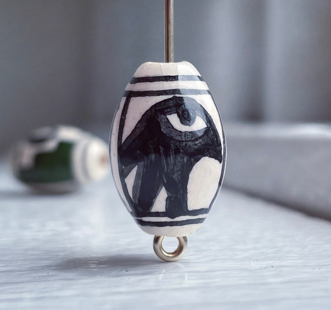 Hand Painted Peruvian Ceramic Porcelain Oval Beads Bird Green Black ...