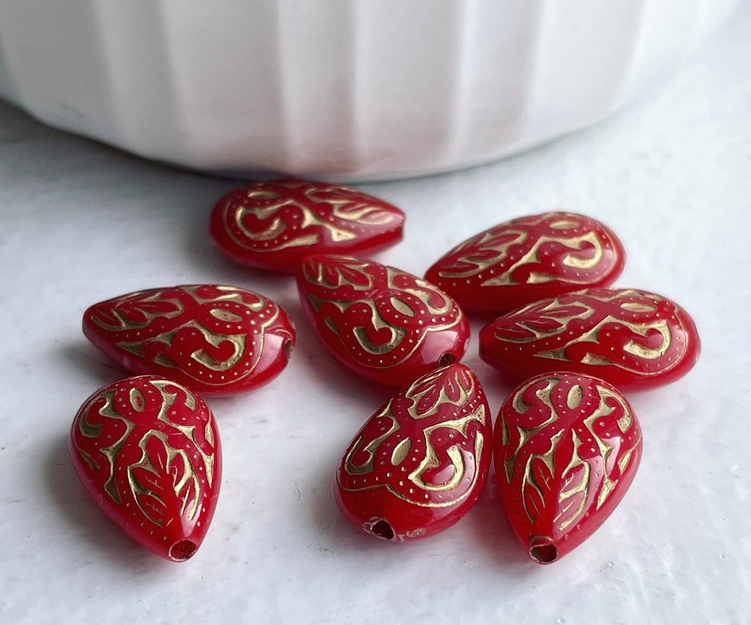 Red Gold Etched Carved Teardrop Acrylic Flat Drop Beads 18mm - Etsy