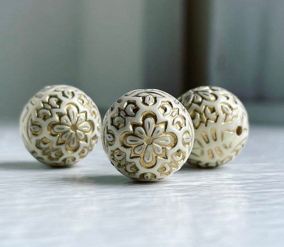 Ornate Floral Ivory Gold Etched Round Acrylic Beads Carved - Etsy