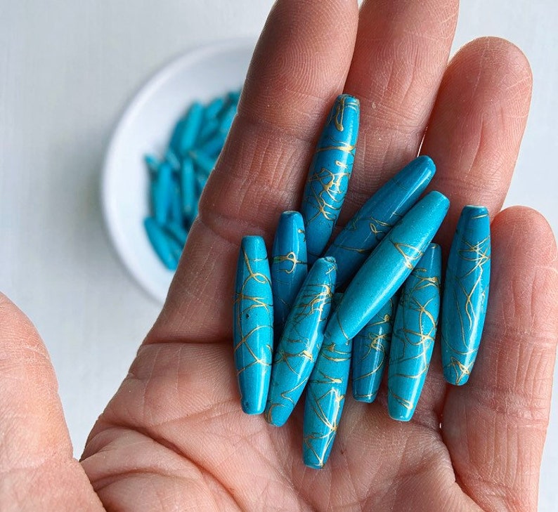 Turquoise Gold Drizzle Oval Acrylic Rice Beads 28mm 20 | Etsy