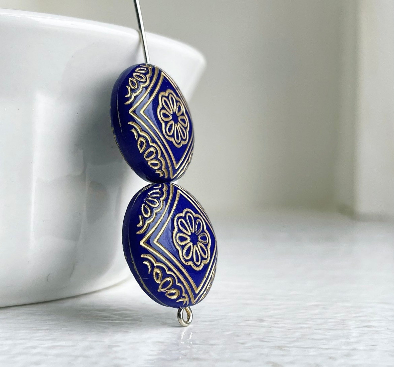 Carved Etched Royal Blue Gold Acrylic Coin Pillow Beads 21mm - Etsy