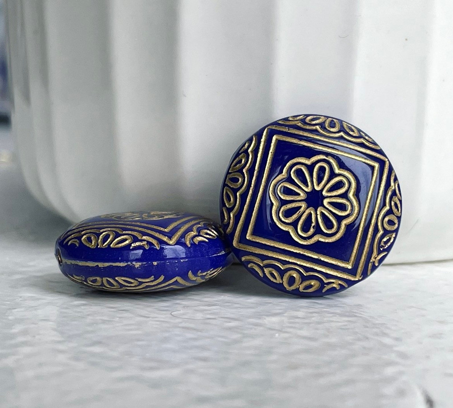 Carved Etched Royal Blue Gold Acrylic Coin Pillow Beads 21mm - Etsy
