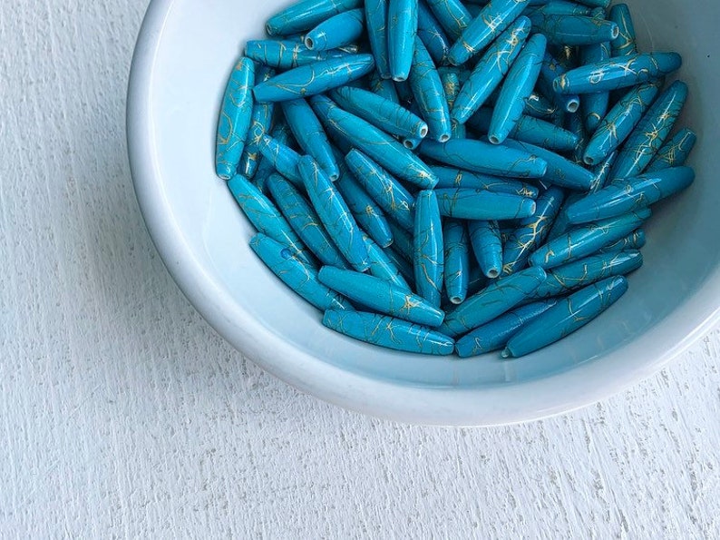 Turquoise Gold Drizzle Oval Acrylic Rice Beads 28mm 20 | Etsy