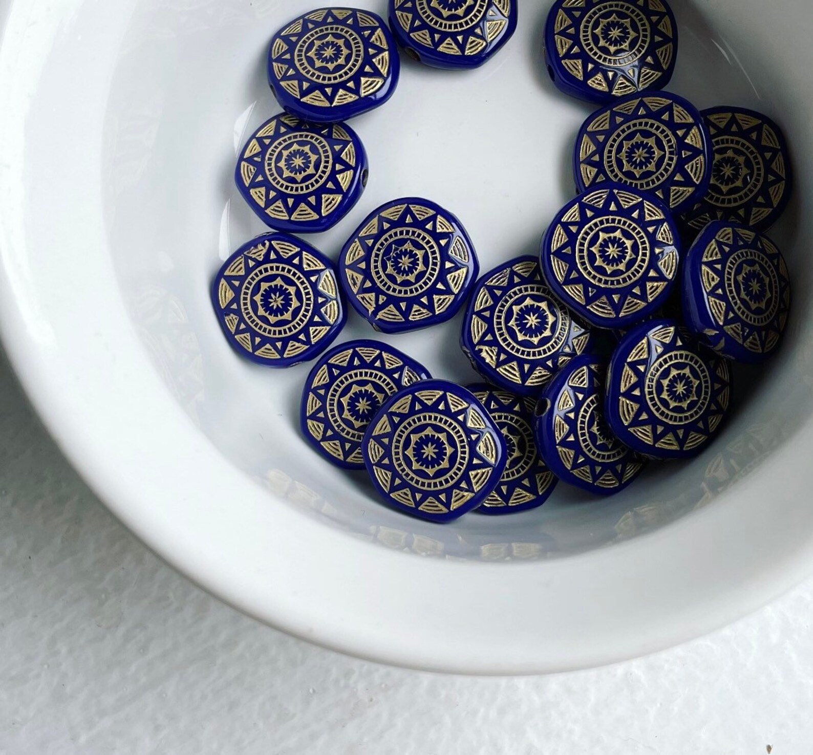 Acrylic Royal Blue and Gold Etched Carved Coin Pillow Beads 18mm (12 ...