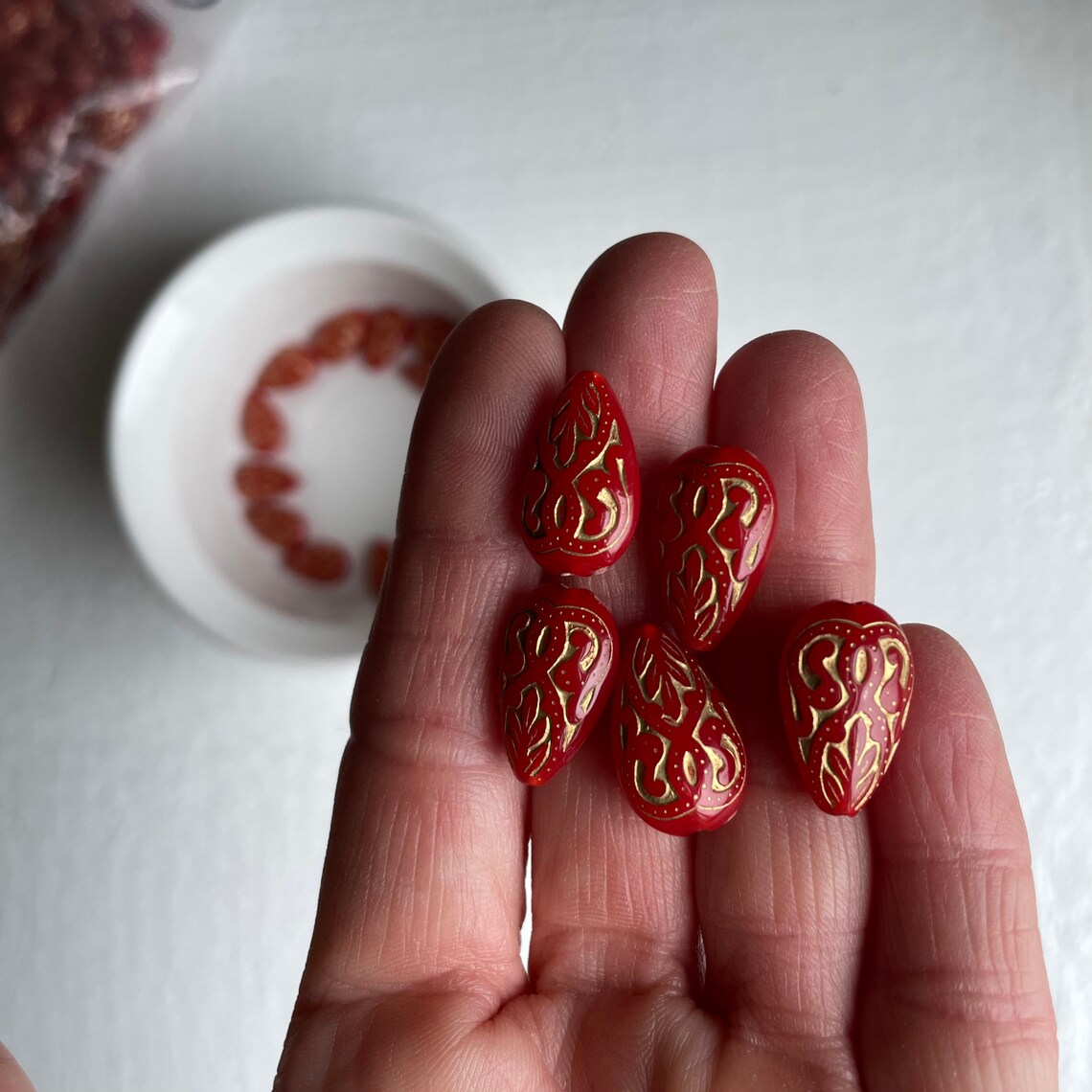Red Gold Etched Carved Teardrop Acrylic Flat Drop Beads 18mm | Etsy