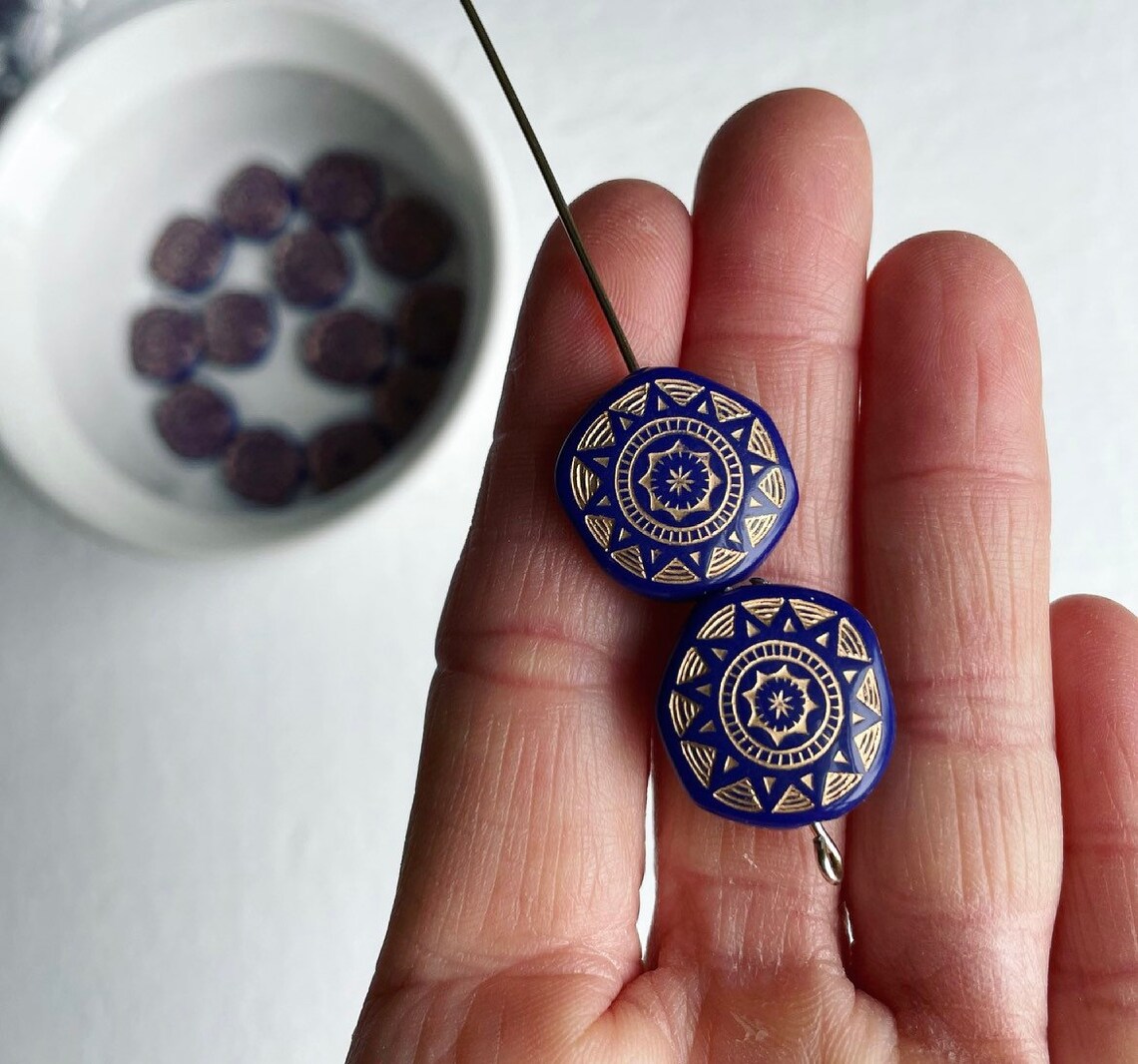Acrylic Royal Blue and Gold Etched Carved Coin Pillow Beads | Etsy