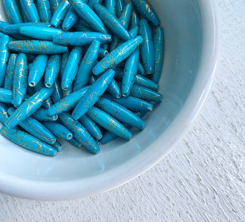 Turquoise Gold Drizzle Oval Acrylic Rice Beads 28mm 20 | Etsy