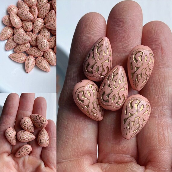 Pink Gold Etched Teardrop Acrylic Flat Drop Beads 18mm Ornate | Etsy