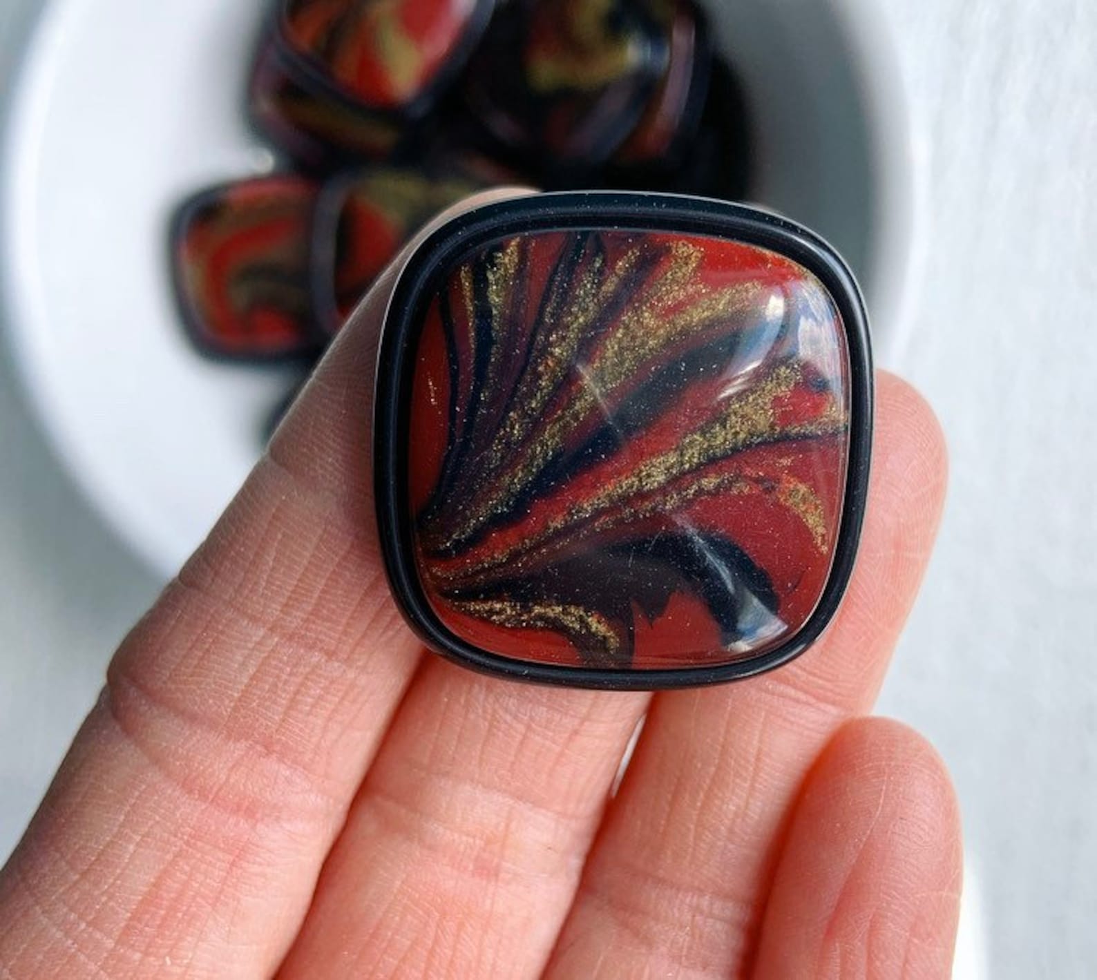 Vintage Lucite Cabochons Red Black Gold Glitter Marbled Square | Etsy