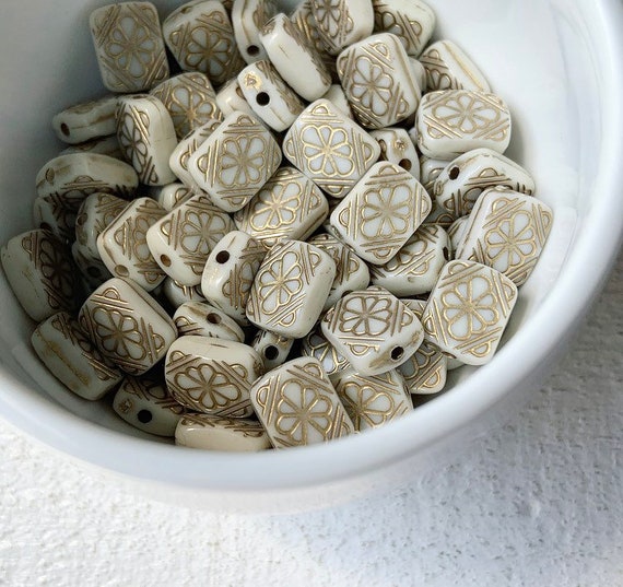 Etched Ivory Cream Gold Acrylic Rectangle Beads 12mm 30 | Etsy