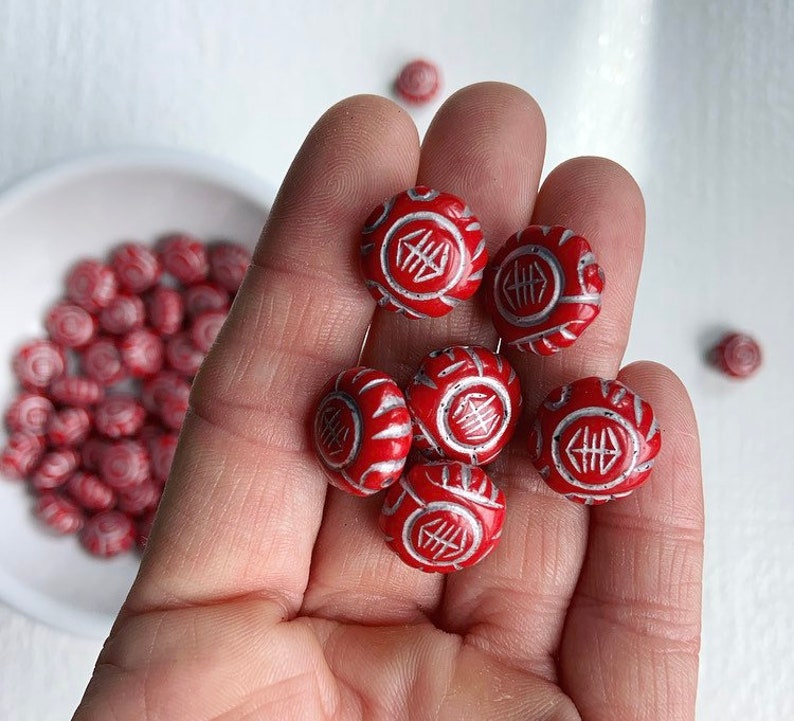 Red Silver Carved Pillow Coin Acrylic Beads Etched 15mm 14 | Etsy
