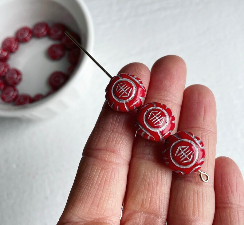 Red Silver Carved Pillow Coin Acrylic Beads Etched 15mm 14 - Etsy