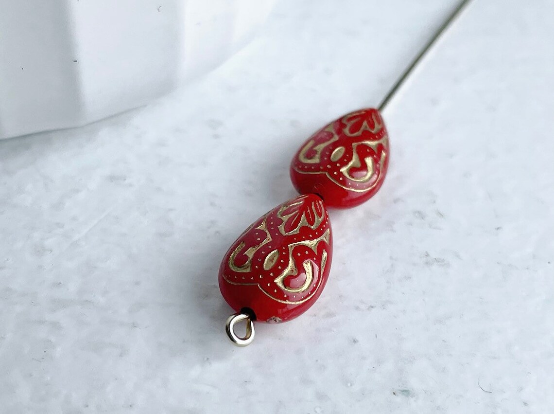 Red Gold Etched Carved Teardrop Acrylic Flat Drop Beads 18mm - Etsy