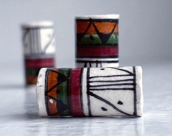 Hand Painted Peruvian Ceramic Porcelain Oval Tube Red Green Black White ...