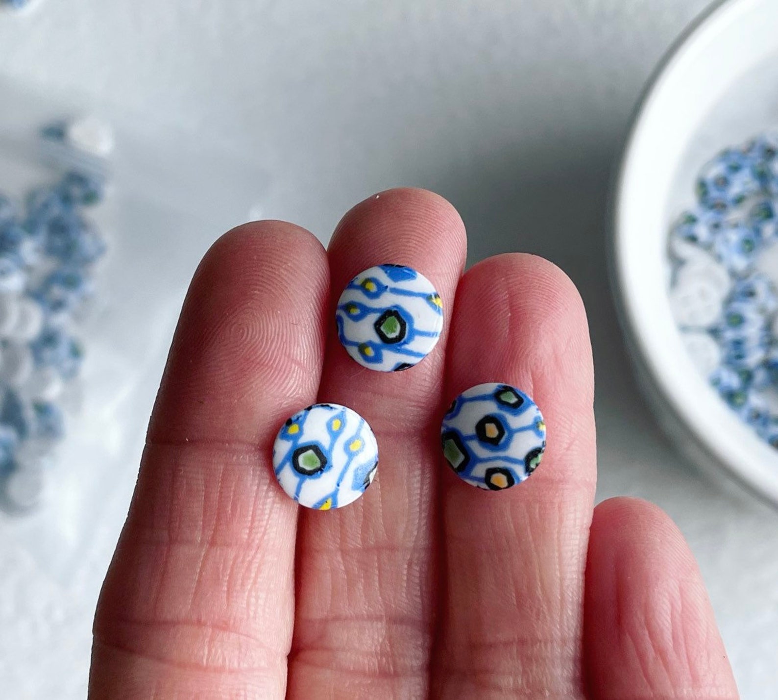 Vintage Japanese Porcelain Cabochons White Blue Retro Flower Cabs 10mm ...