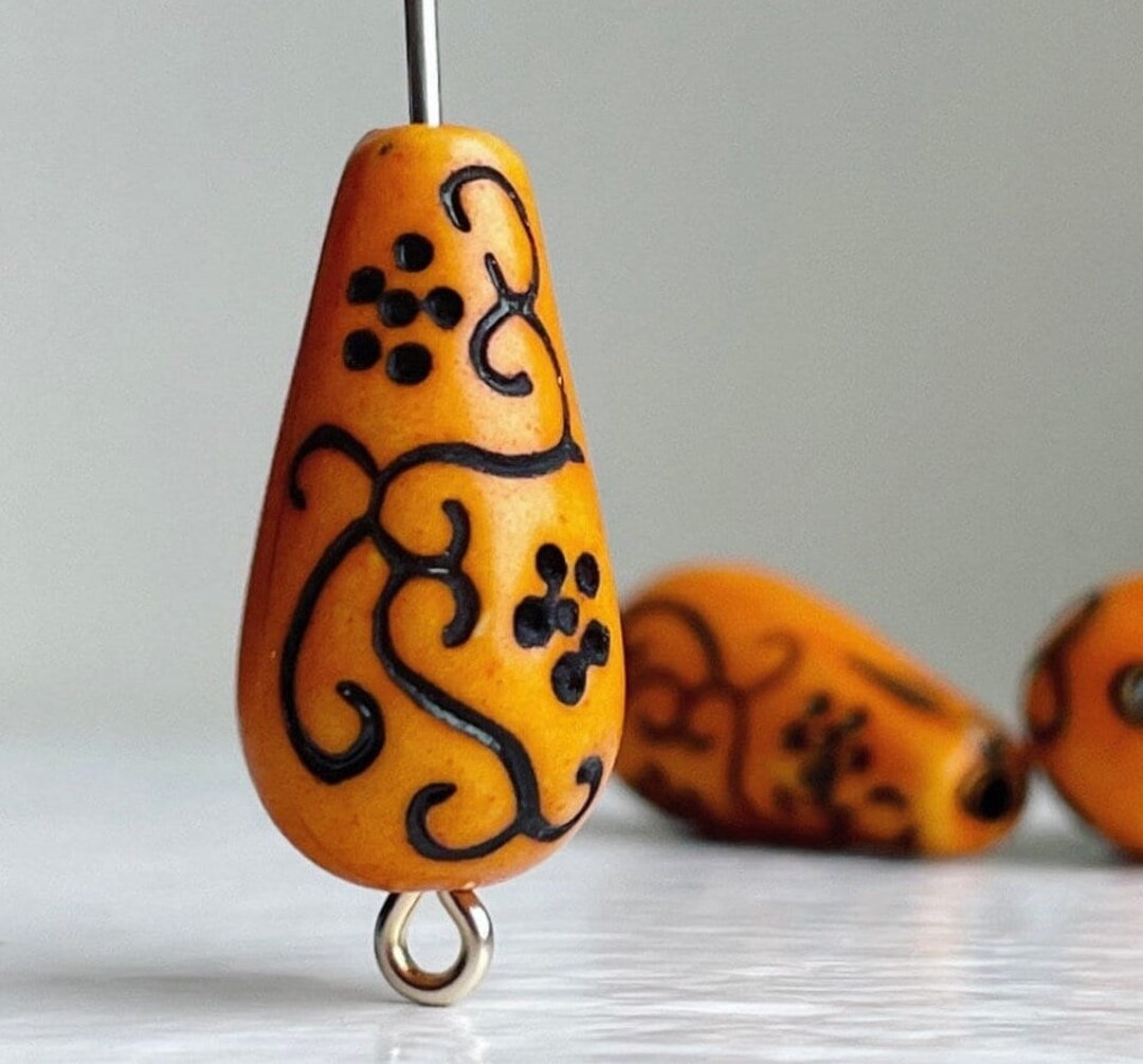 Orange Black Etched Carved Matte Acrylic Drop Teardrop Beads 21mm 8 - Etsy