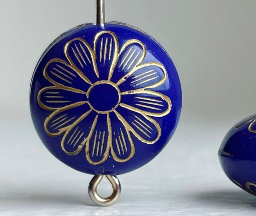 Carved Etched Royal Blue Gold Acrylic Coin Pillow Floral Flower Beads ...
