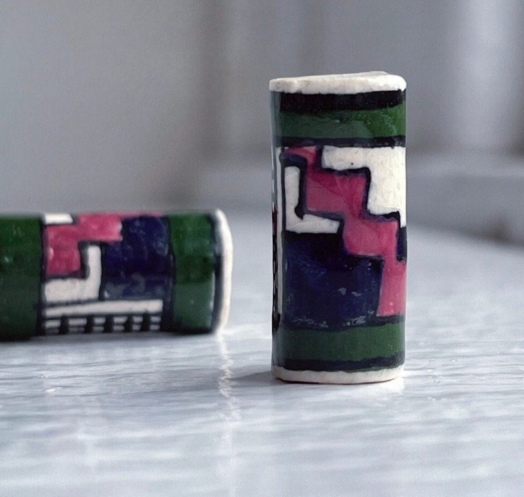 Hand Painted Peruvian Ceramic Porcelain Oval Tube Beads Green Pink ...