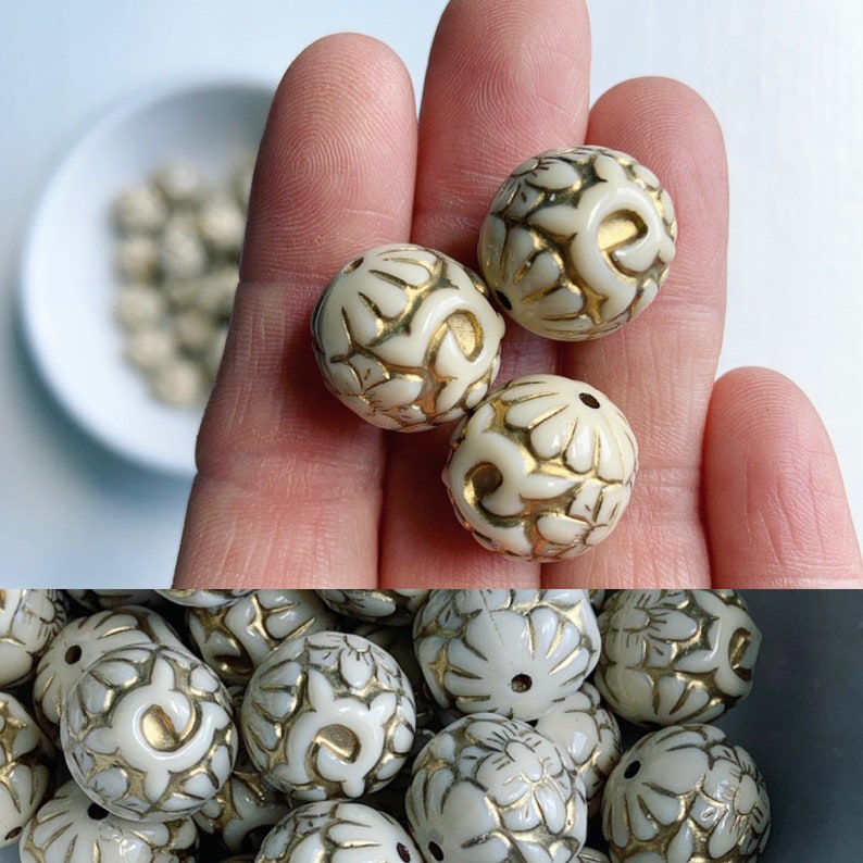 Etched Cream Ivory Gold Round Acrylic Flower Beads 16mm 12 | Etsy