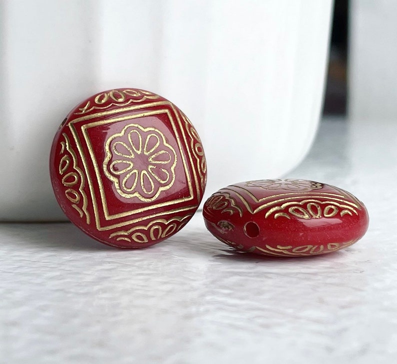 Carved Etched Red Gold Coin Pillow Beads 21mm 10 | Etsy