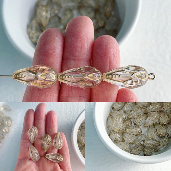 Crystal Gold Carved Acrylic Drop Beads Etched Teardrop 21mm | Etsy