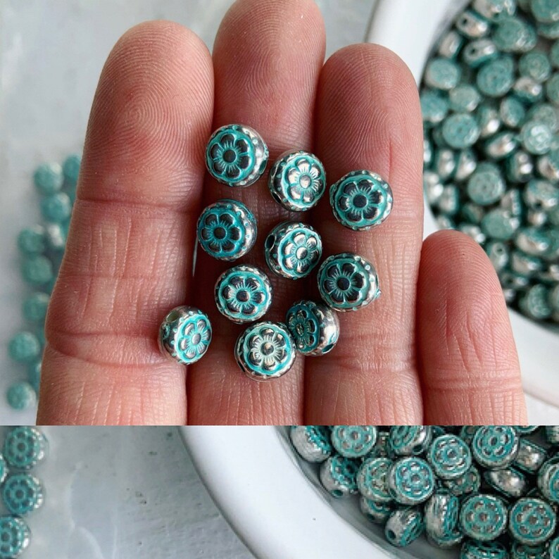 Etched Silver Green Patina Acrylic Coin Flower Beads Carved | Etsy