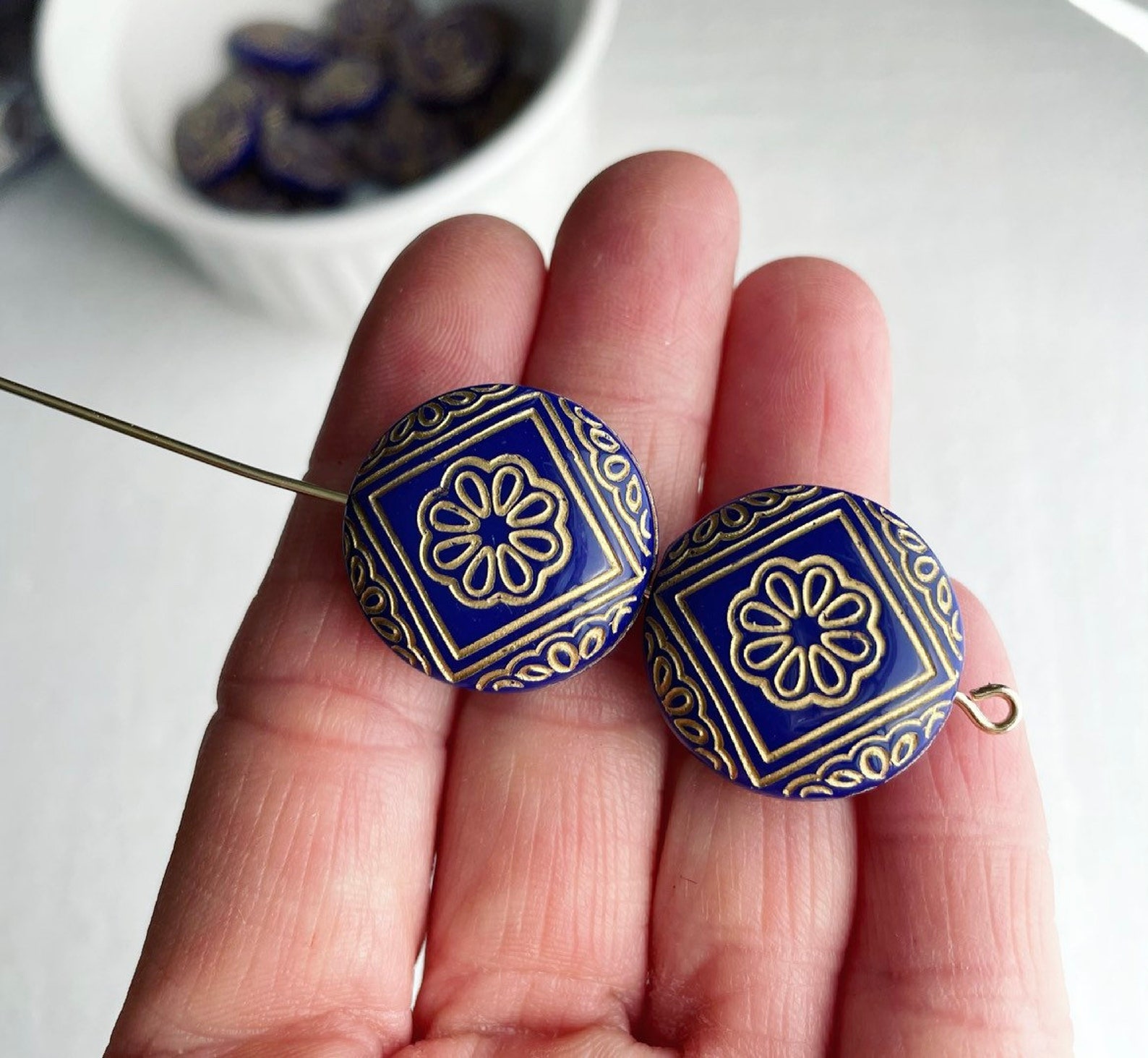 Carved Etched Royal Blue Gold Acrylic Coin Pillow Beads 21mm - Etsy