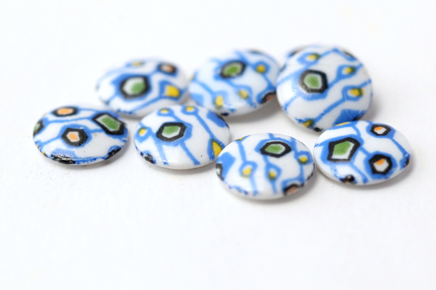 Vintage Japanese Porcelain Cabochons White Blue Retro Flower Cabs 10mm ...