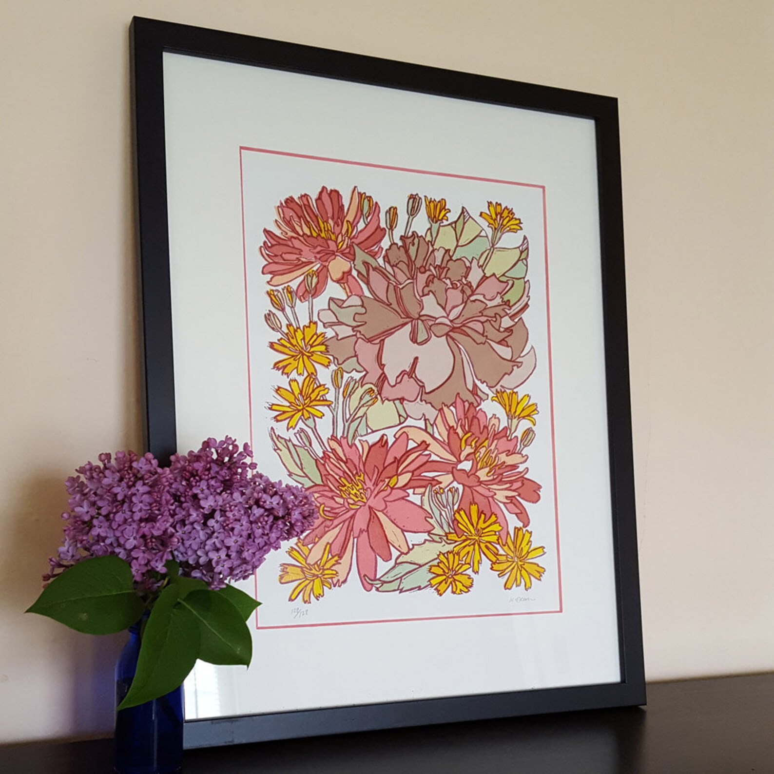 Purple Rose & Lotus Flower Linocut Art Print, Lotus Lino Cut Print ...