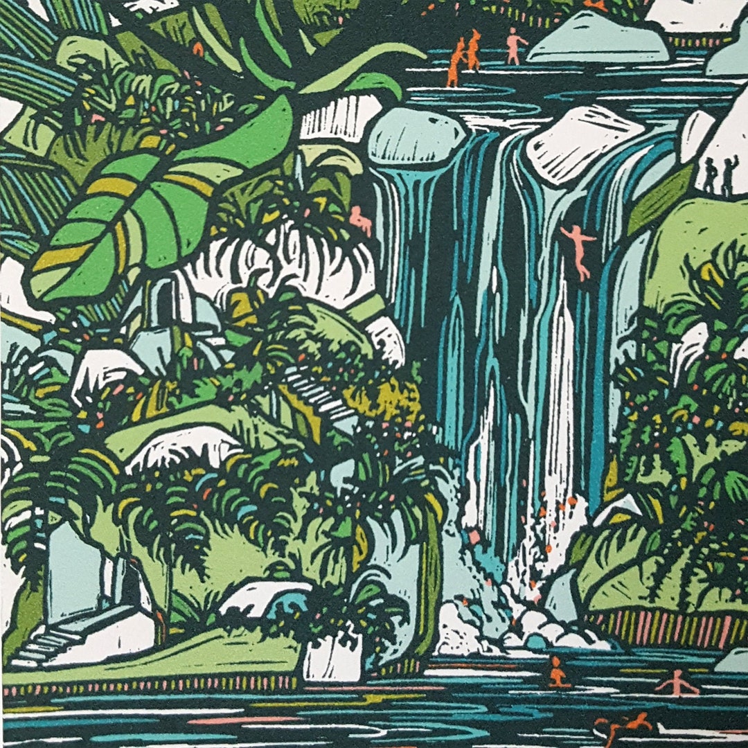 Linocut Waterfall Congratulations Card, Tropical Party College ...