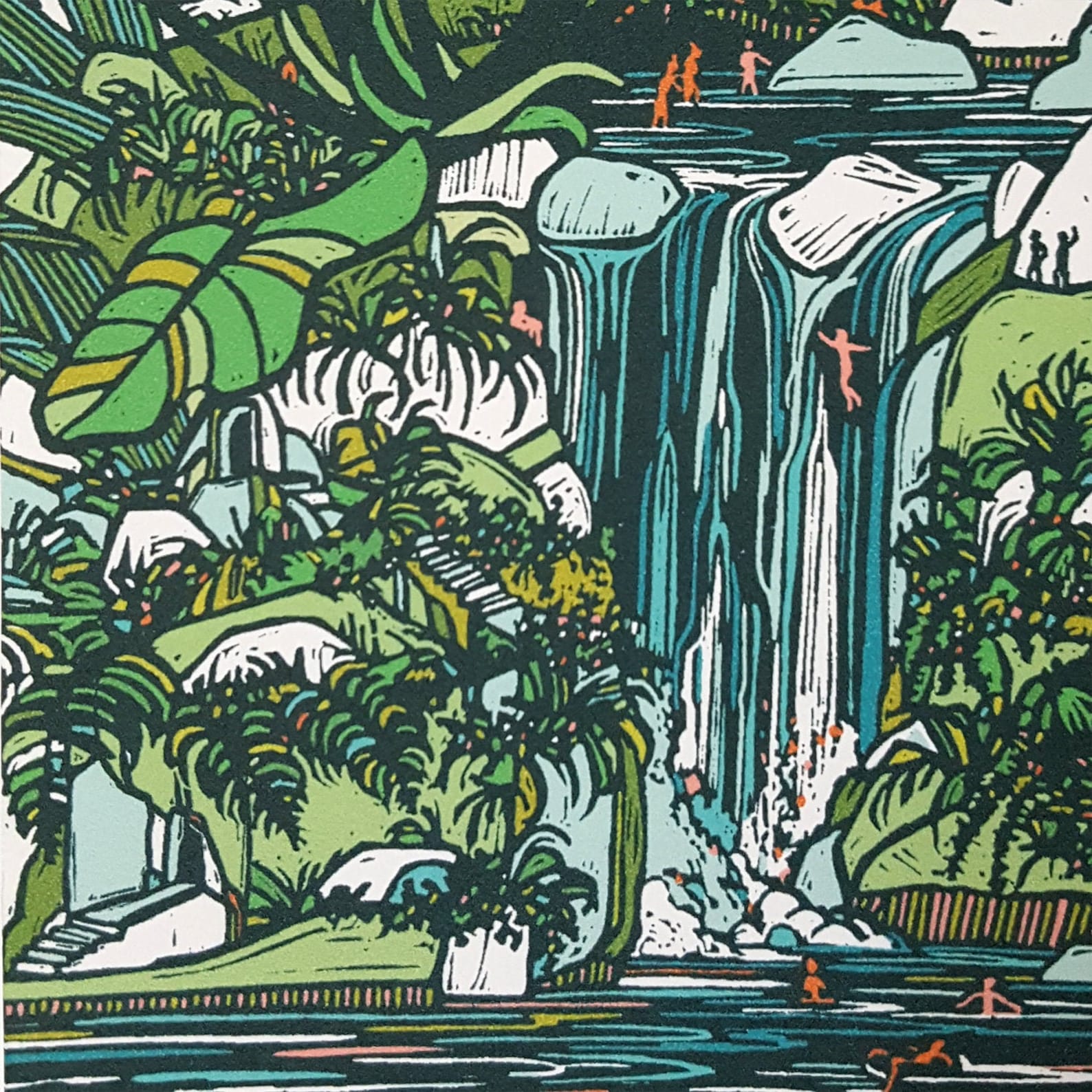 Linocut Waterfall Congratulations Card Tropical Party College | Etsy