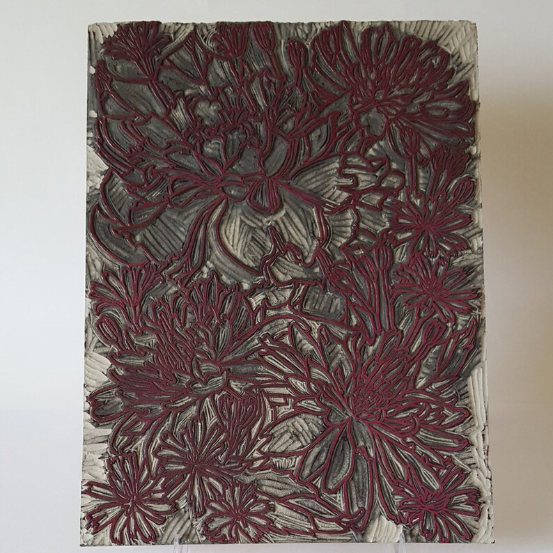 Purple Rose & Lotus Flower Linocut Art Print, Lotus Lino Cut Print ...