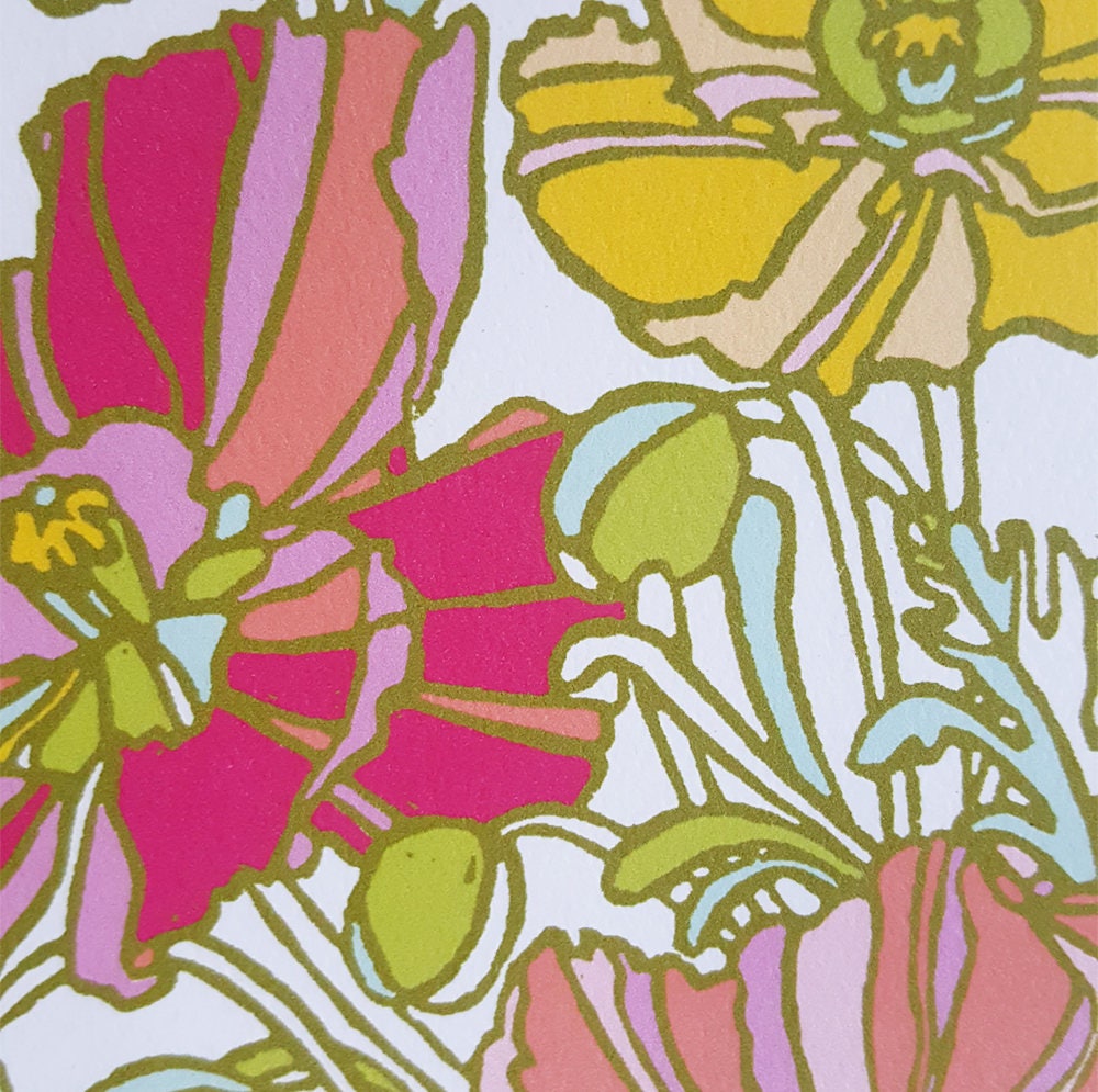 Poppy Flower Blank Note Cards With Envelopes, Floral Linocut Nature ...