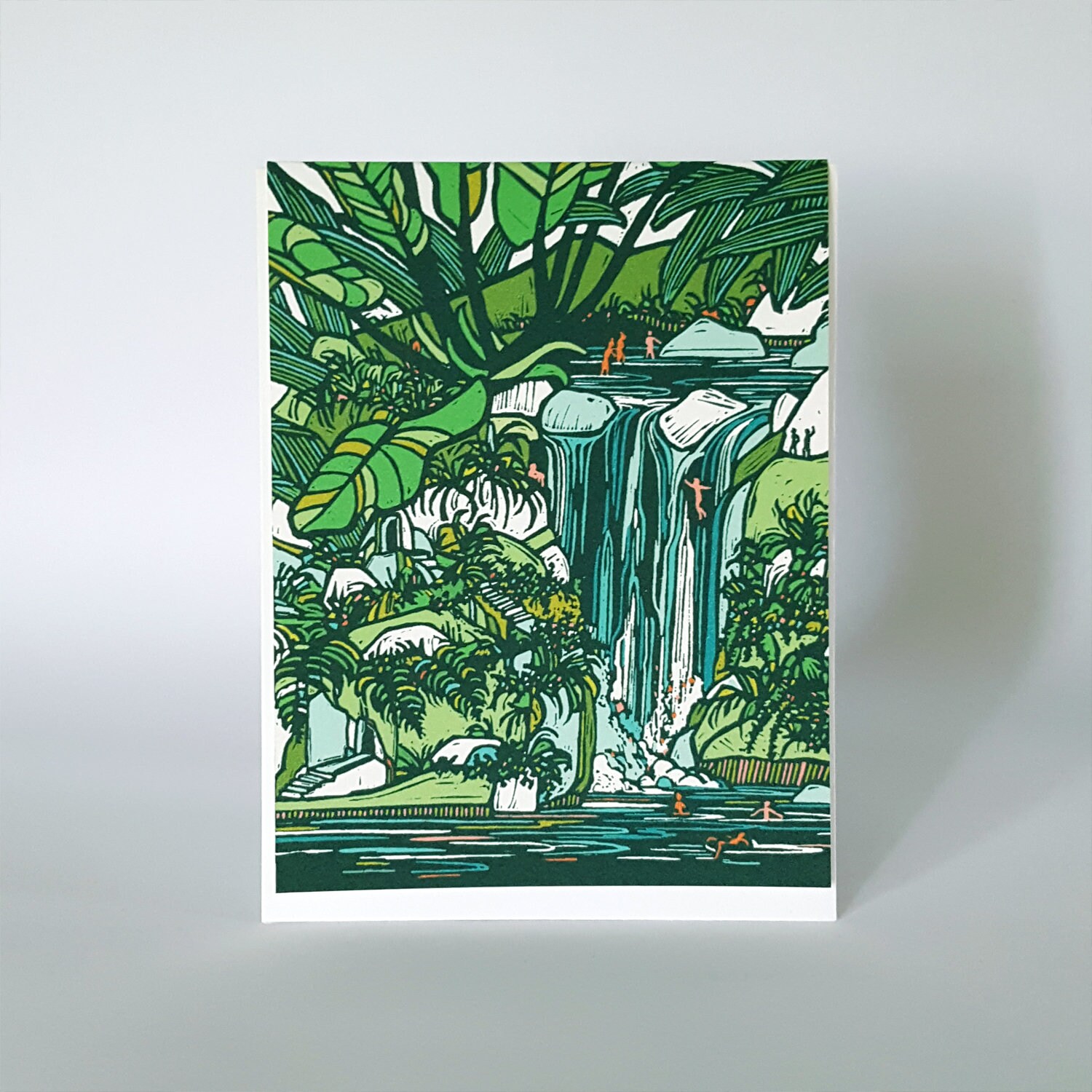 Linocut Waterfall Congratulations Card, Tropical Party College ...