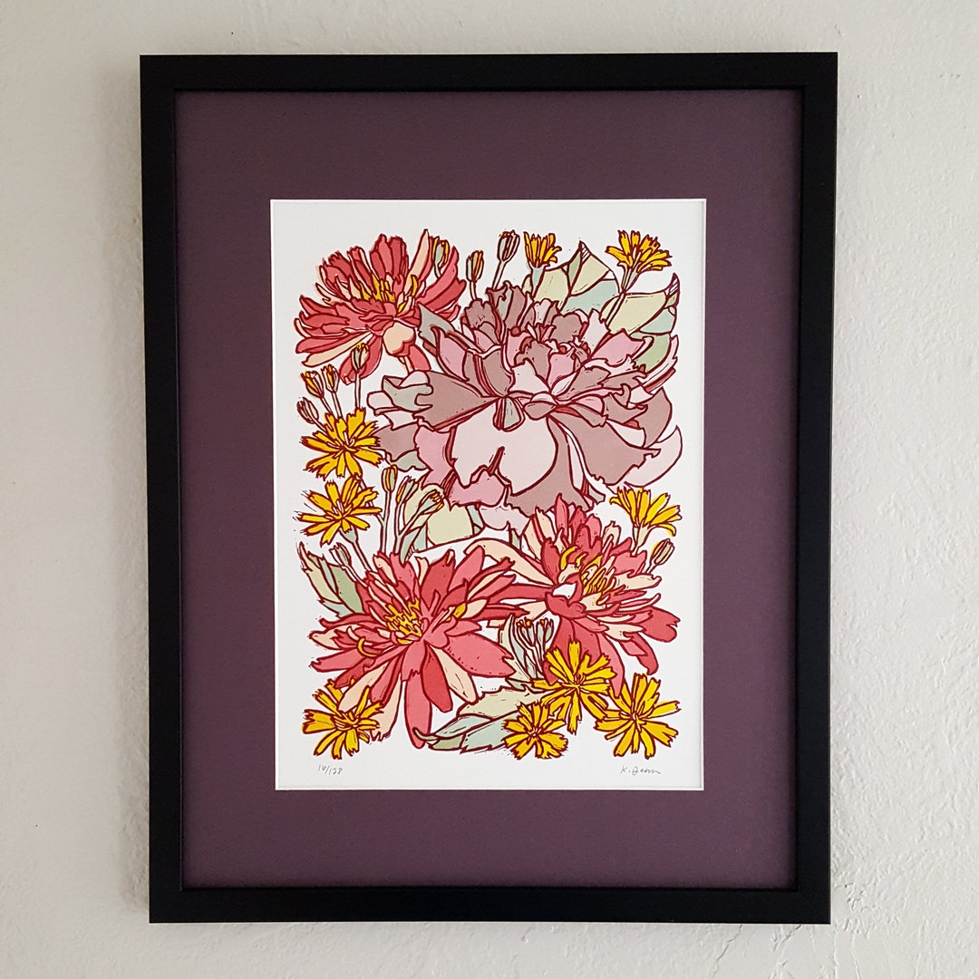 Purple Rose & Lotus Flower Linocut Art Print, Lotus Lino Cut Print ...