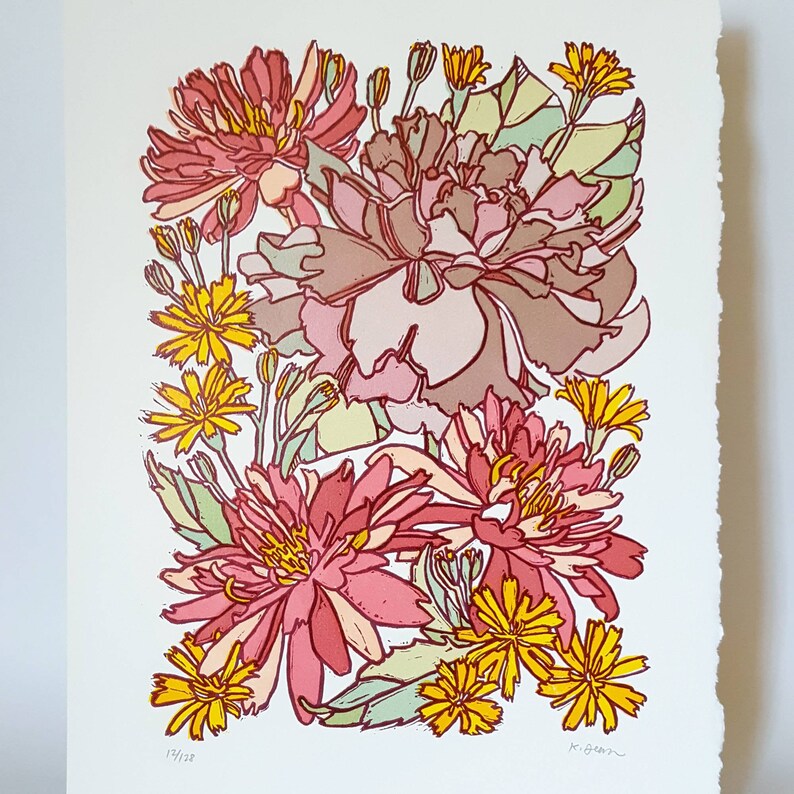 Purple Rose & Lotus Flower Linocut Art Print, Lotus Lino Cut Print ...
