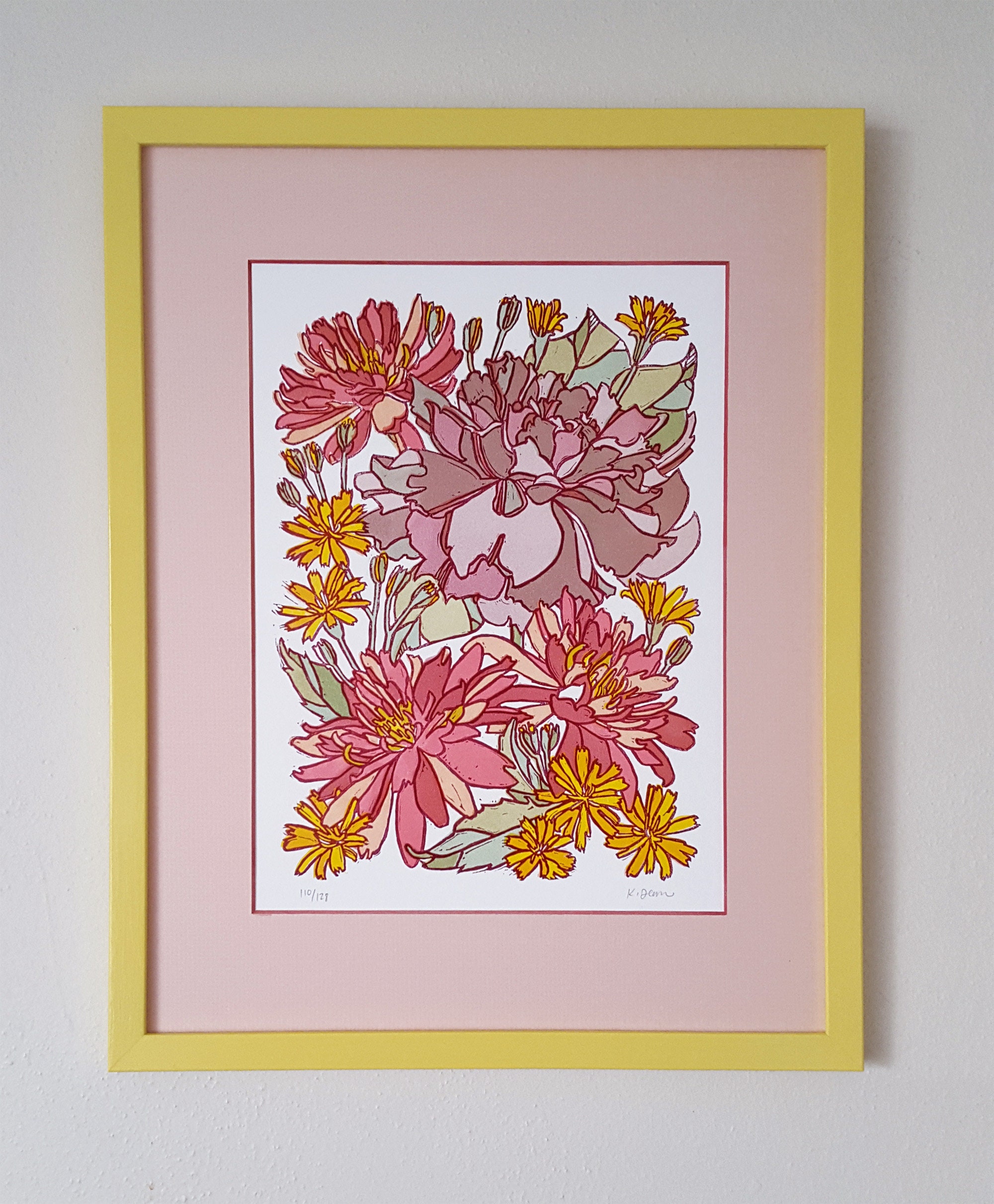 Purple Rose & Lotus Flower Linocut Art Print, Lotus Lino Cut Print ...