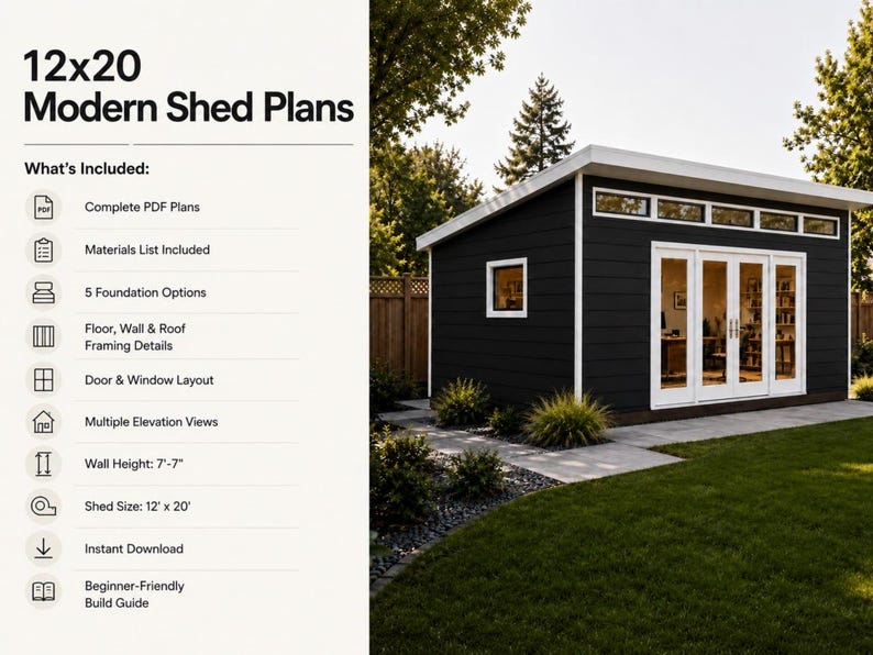 12x20 Modern Office Shed Plans, Backyard Studio Building (PDF Download ...