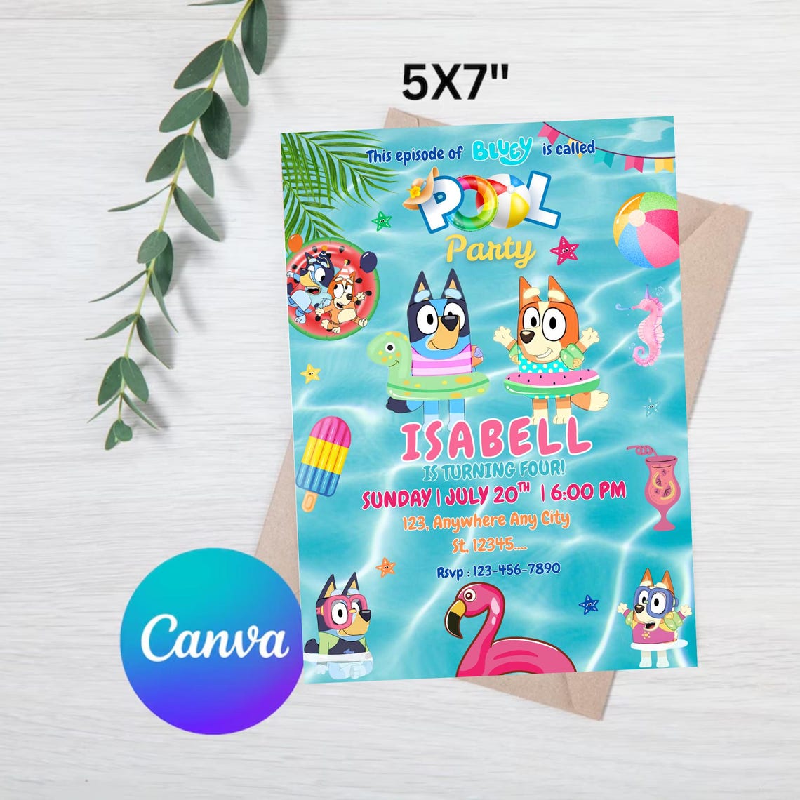 Bluey Pool Party Birthday Invitation: Editable Canva Template - Etsy