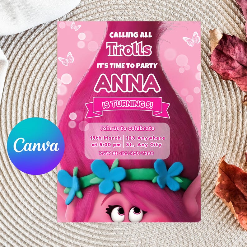 Editable Trolls Invite, Printable Birthday Invitation, Girl Birthday ...