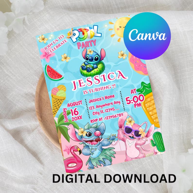 Stitch Pool Party Birthday Invitation: Editable Hawaii Theme (digital ...