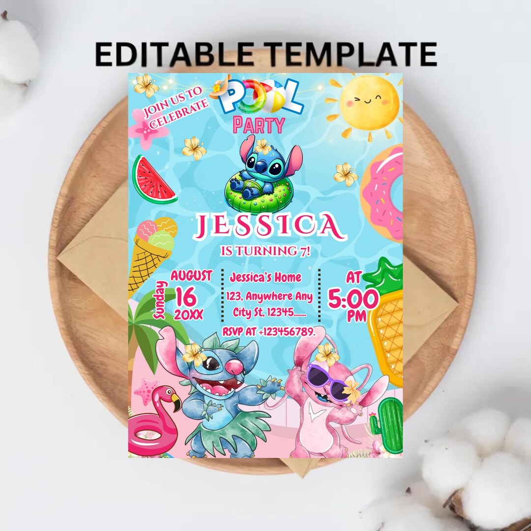 Stitch Pool Party Birthday Invitation: Editable Hawaii Theme (digital ...