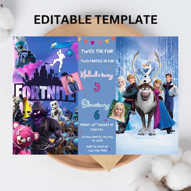 Joint Birthday, Fortnight Princess Invite, Sibling Invitation, Twin ...