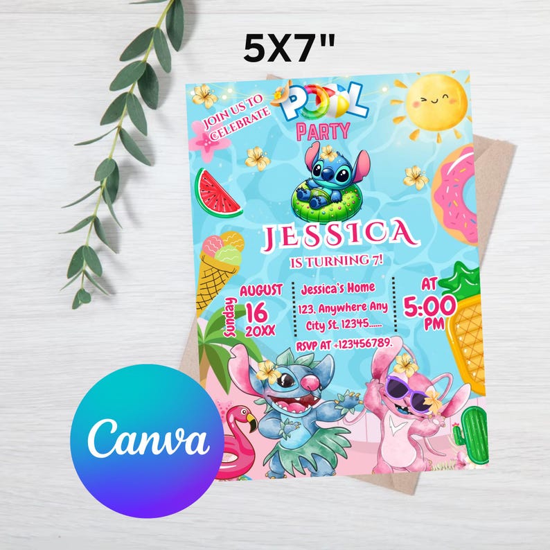 Stitch Pool Party Birthday Invitation: Editable Hawaii Theme (digital ...