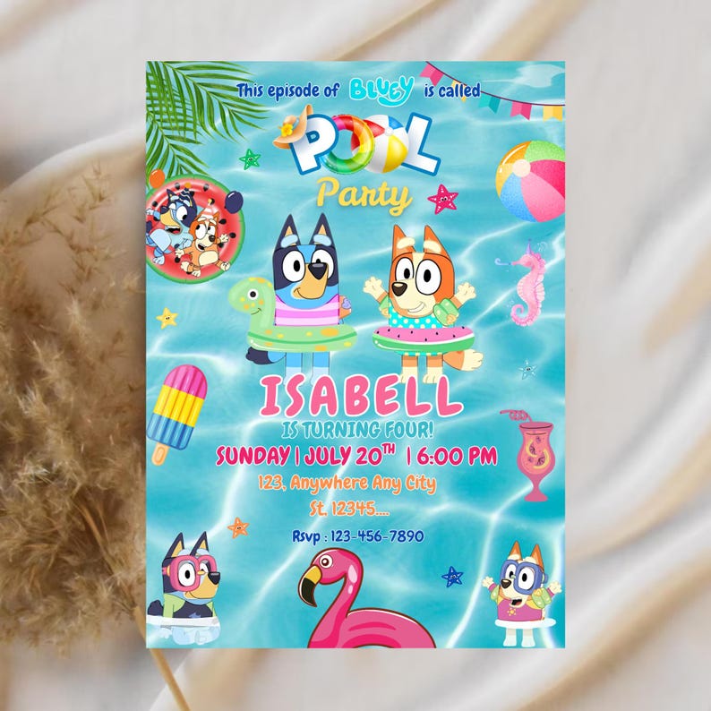 Bluey Pool Party Birthday Invitation: Editable Canva Template - Etsy