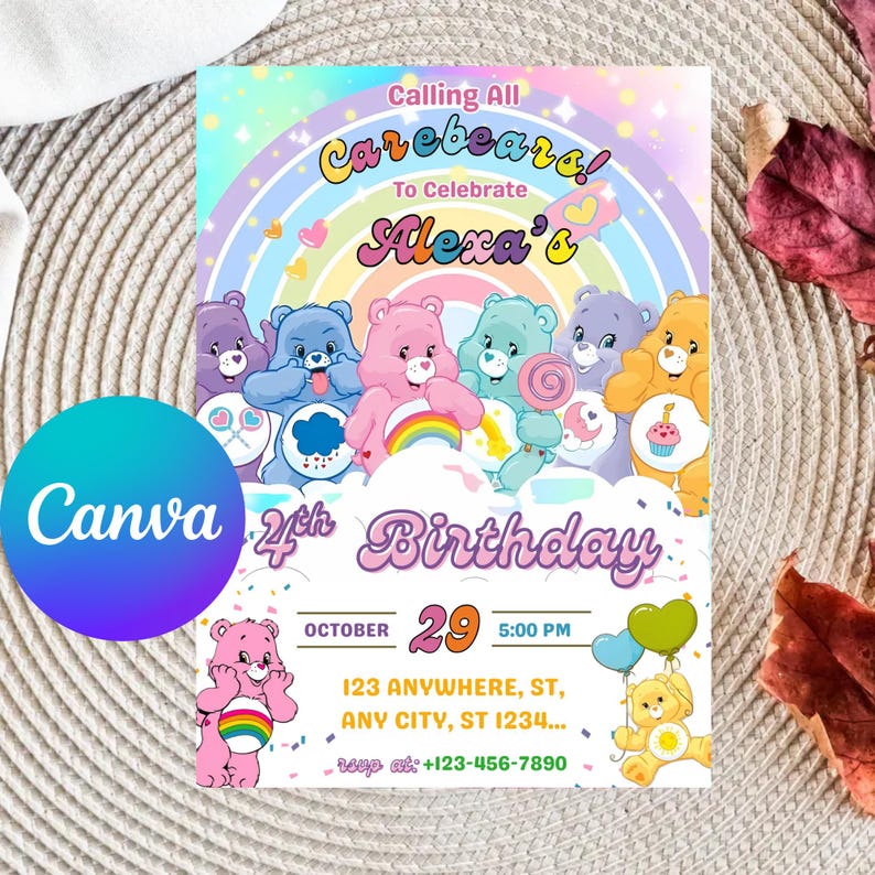 Care Bears Birthday Invitation: Rainbow Theme (canva Template) - Etsy