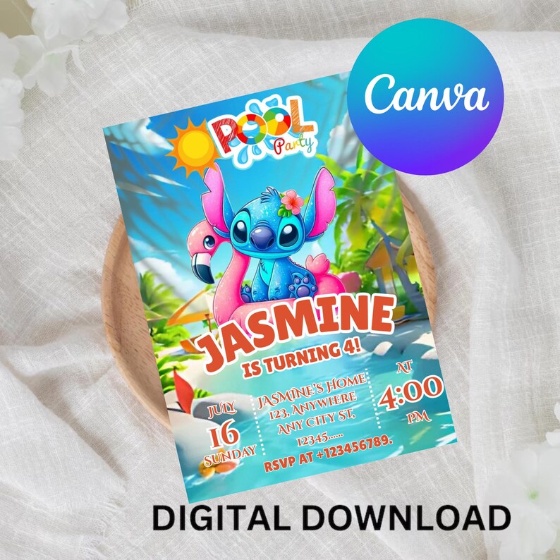 Editable Stitch Pool Party Birthday Invitation, Cute Invite for Kids ...