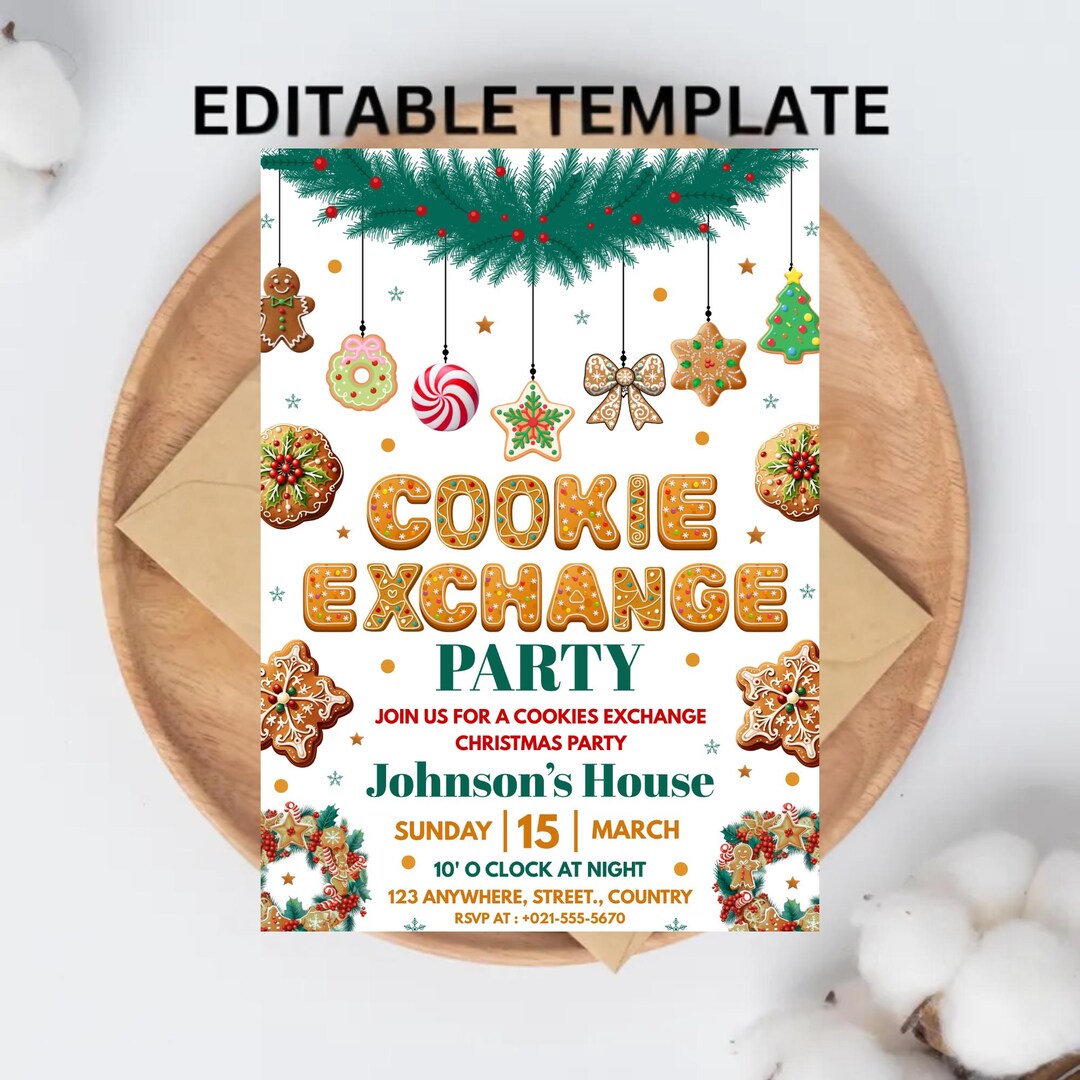 Christmas Cookie Exchange Invitation Template, Watercolor Holiday ...