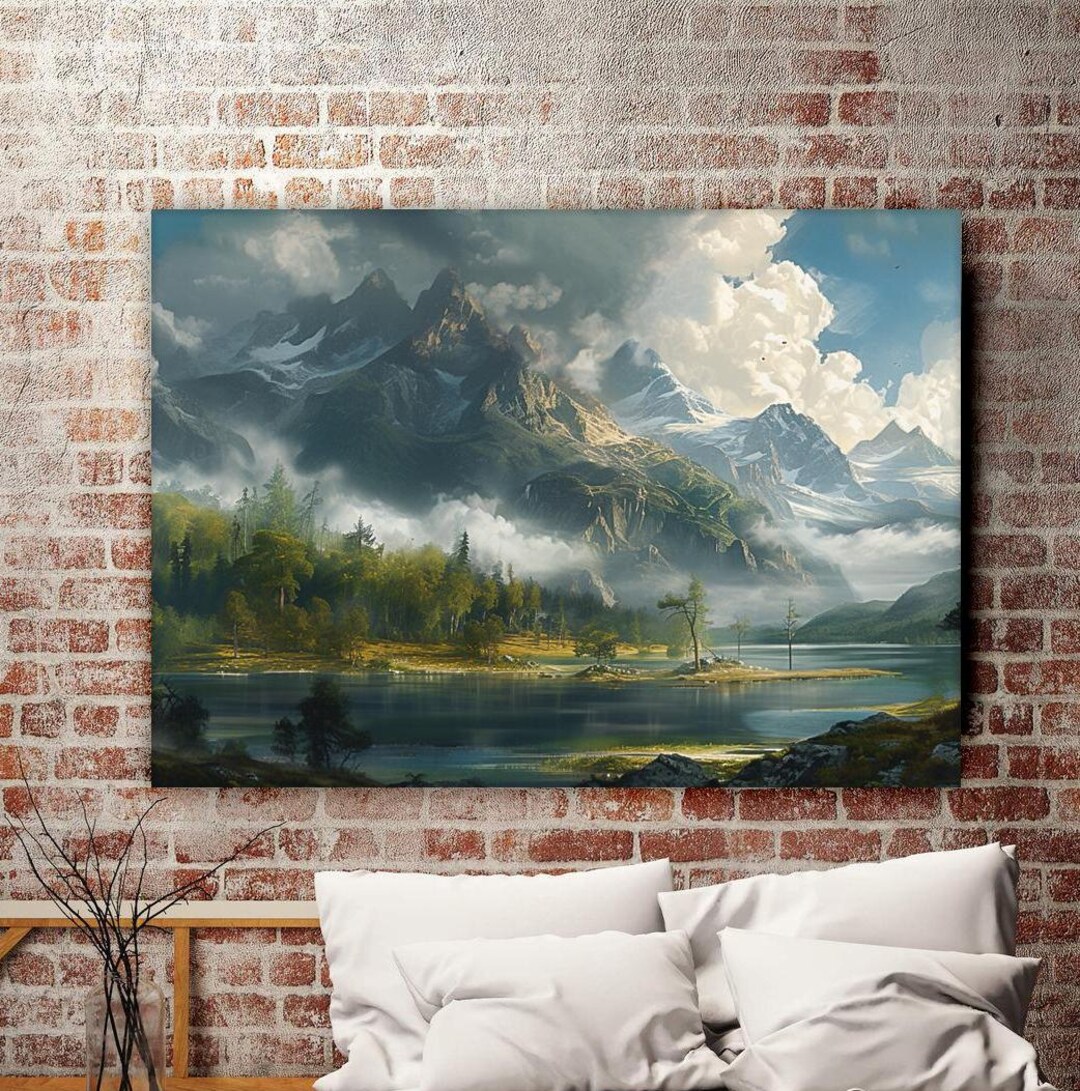 Mountain and Forest Landscape Canvas Painting, Forest Wall Painting ...